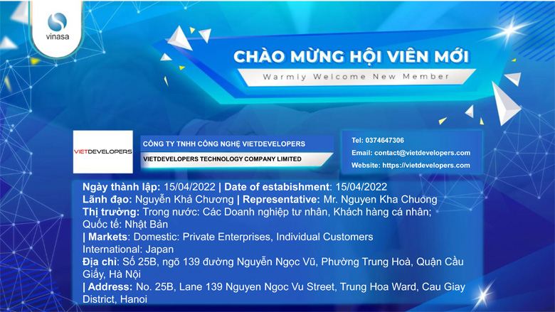 Chúc mừng Công ty TNHH Công nghệ VietDevelopers trở thành Hội viên của VINASA